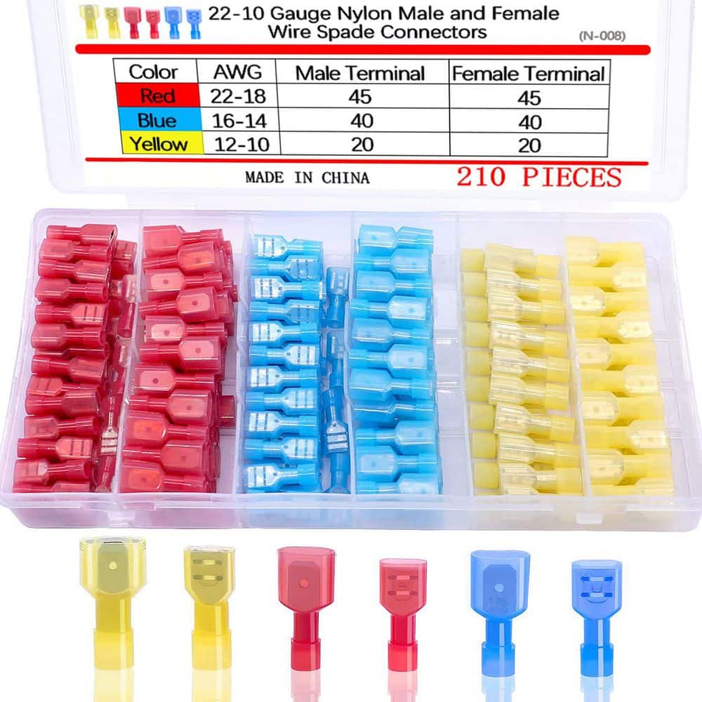 22-10 Gauge 110-Piece Fully Insulated Male and Female Nylon Quick Spade ...