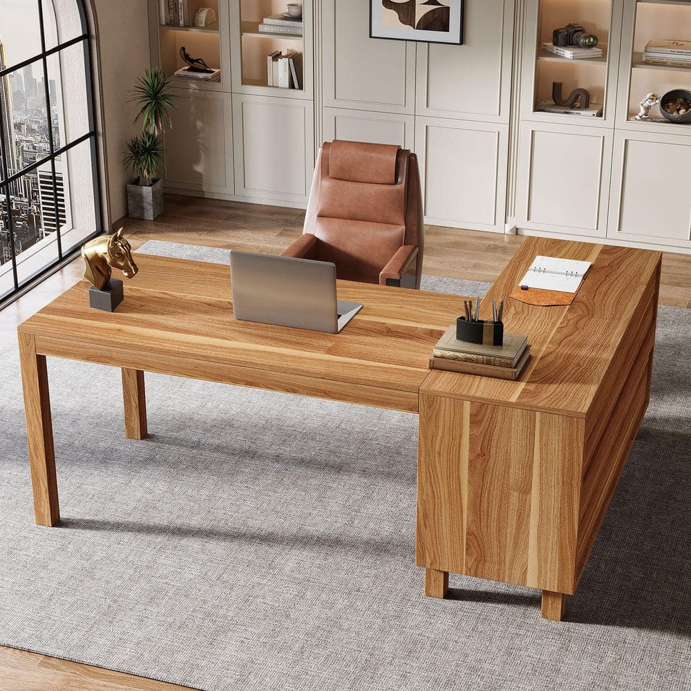 BYBLIGHT 59 in. L Shaped Rustic Brown Wood Computer Desk with Storage ...