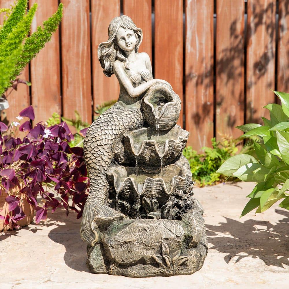 Glitzhome 22.25 in. H 4-Tiered Concrete Mermaid Polyresin Outdoor ...