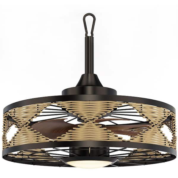 Seasonize 20 in. Boho Rattan Black Plug-In Outdoor Ceiling Fan with ...