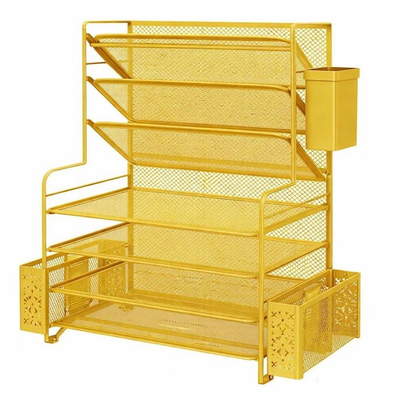 Gold 16.75 in. x 16.75 in. 7-Tier Desk File Organizer with Pen Holder ...