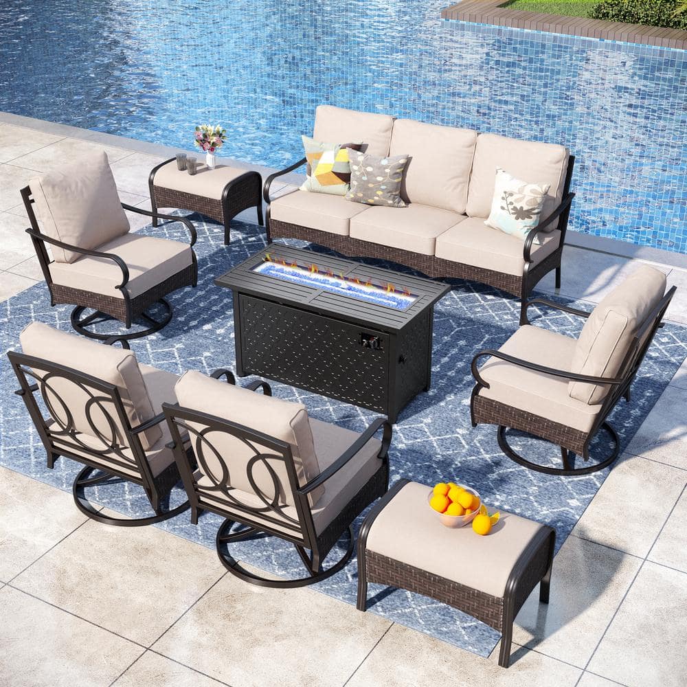 PHI VILLA Rattan 9 Seat 8-Piece Outdoor Patio Metal Conversation Set ...