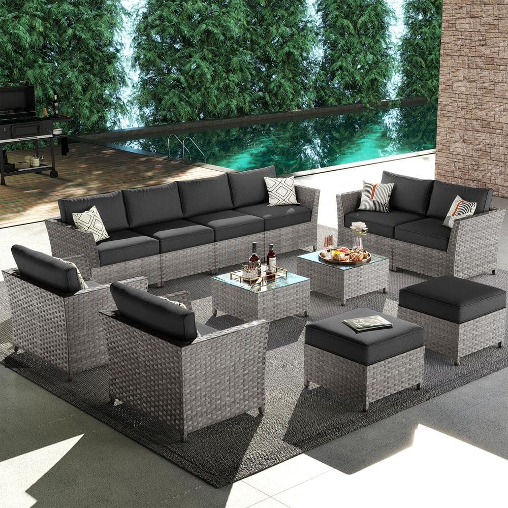 XIZZI Huron Gorden Brown 12-Piece Wicker Outdoor Patio Conversation Sectional Sofa Set with ...