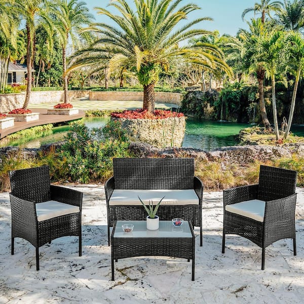 Tenleaf 4-Piece Black Wicker Patio Conversation Set with Beige Cushions ...