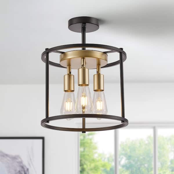 TinHon 13 in. 3-Light Modern Black and Gold Semi Flush Mount Ceiling ...
