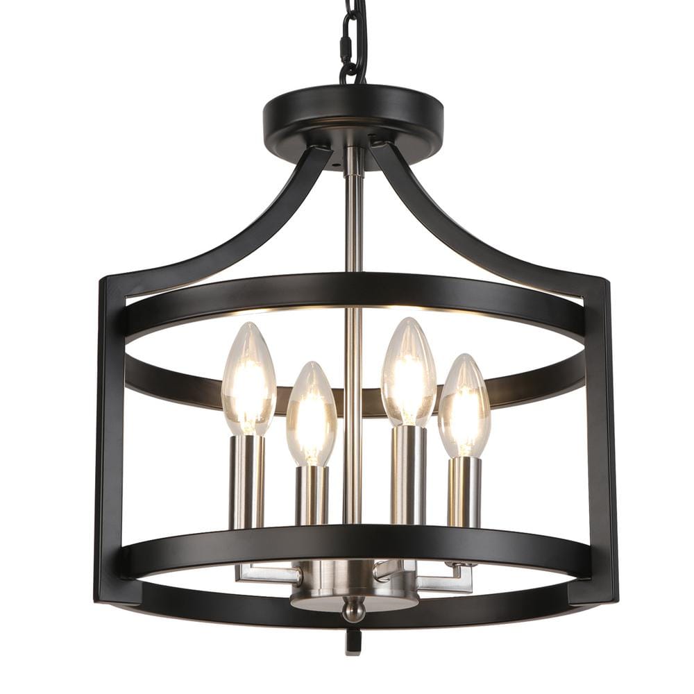4-Light Black and Nickel Round Rustic Lantern Chandeliers for Living Room Entrance Foyer Hallway ...