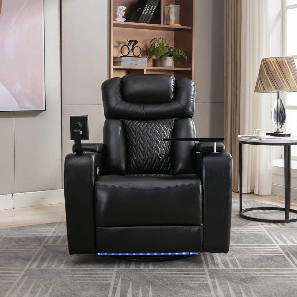 Qualler 270 Degree Swivel Black PU Leather Recliner with Phone and Cup ...