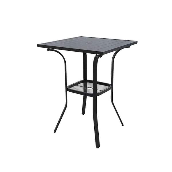 Ama pear Black 28 in. Square Metal Outdoor Dining Table with Umbrella ...
