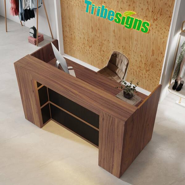 BYBLIGHT Moronia 63 in. Rectangular Walnut and Black Wood Reception Desk Computer Desk Front Counter Table with LED Lights BB YS0222HY The Home Depot