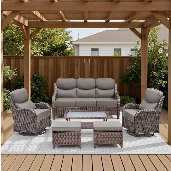 Opohoro Arcadia Brown 6-Piece Wicker Patio Conversation Set with Swivel ...