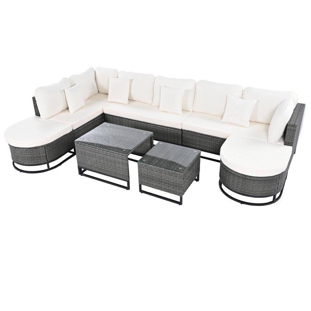 Gray 7-Piece Wicker Outdoor Sectional Set with Beige Cushions, Free ...