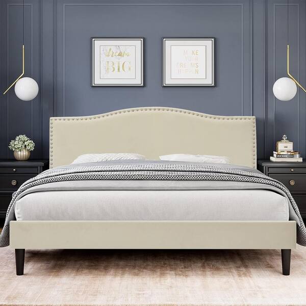 VECELO Platform Bed Frame Beige Metal Frame Queen Platform Bed with ...
