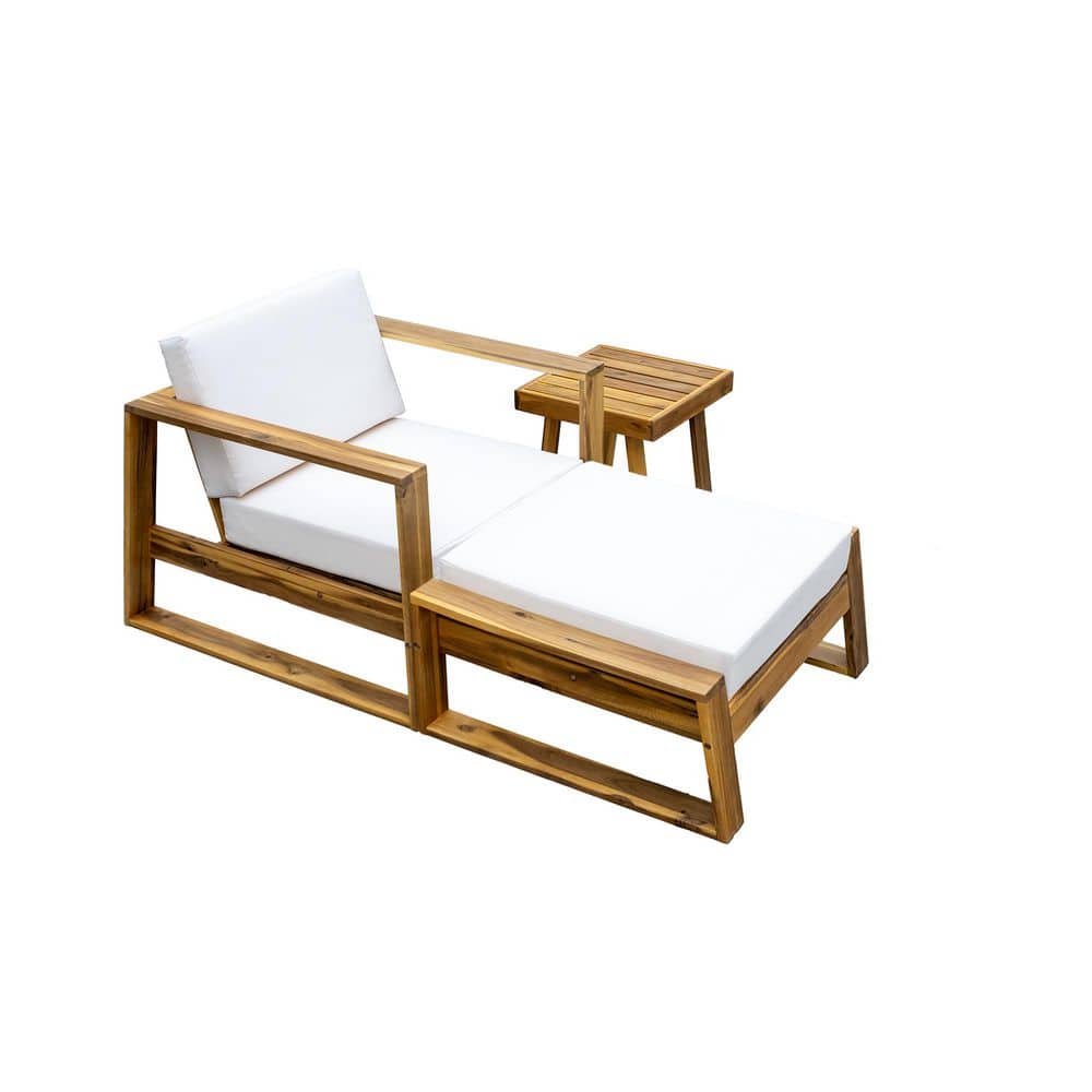 Acacia Wood Outdoor All-Weather Lounge Chair Set with Removable Beige ...