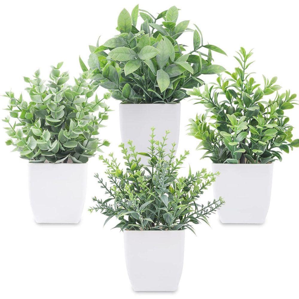 7.1 in. Grey Artificial Plants Mini Artificial Greenery Potted Plants 4 ...