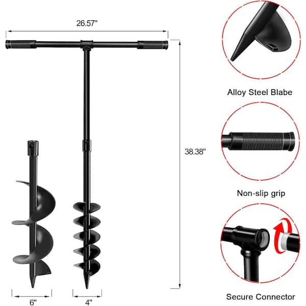T-Shaped Hand Operated Spiral Post Hole Digger with 4 in. & 6 in. x 38 ...