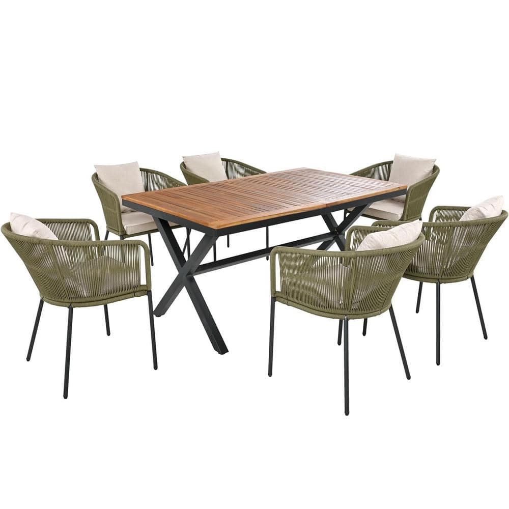 MEOOEM Patio 7 Piece Metal Outdoor Dining Set, Acacia Wood Top Dining ...
