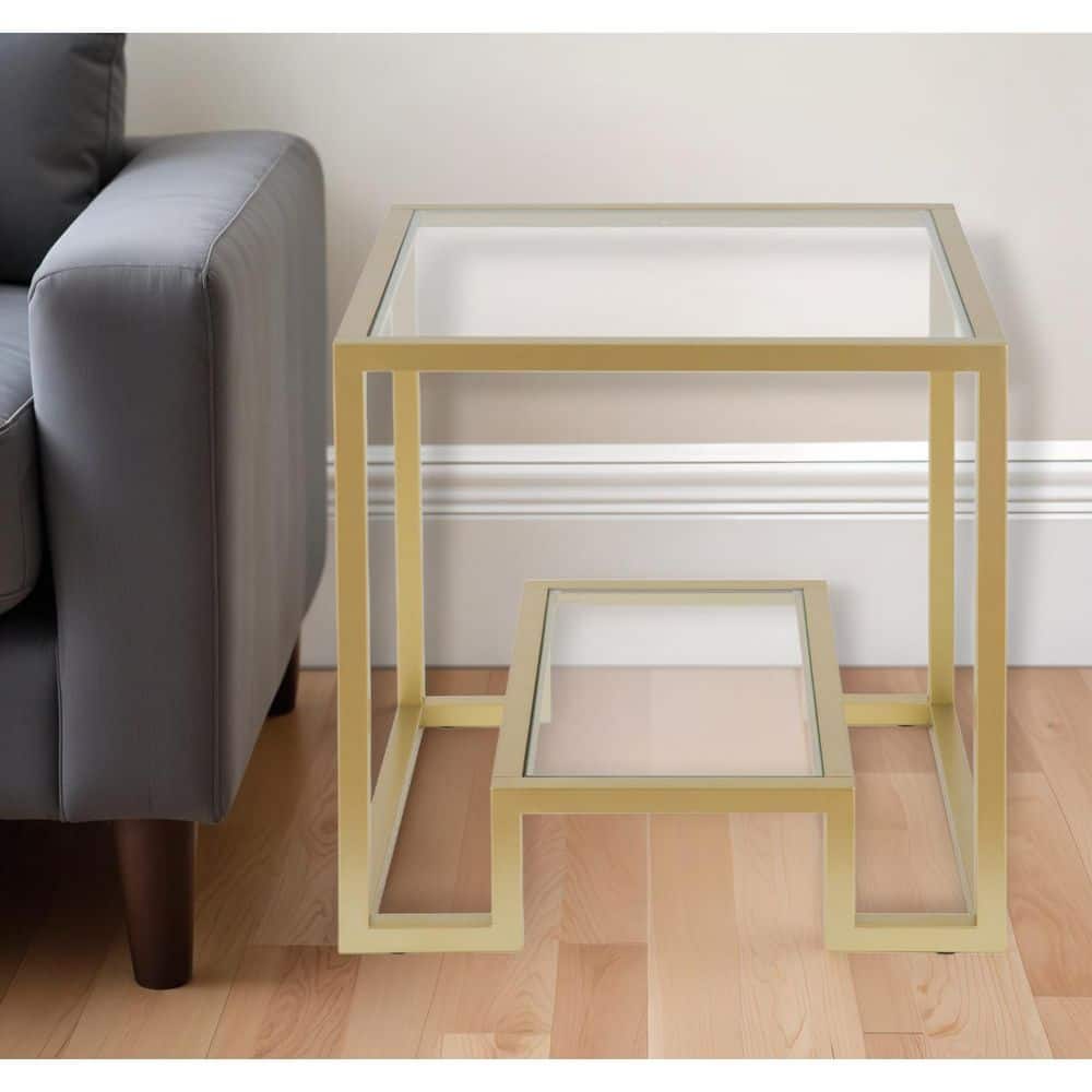 HomeRoots 22 in. Brass Square Glass End Table 2000544207 - The Home Depot