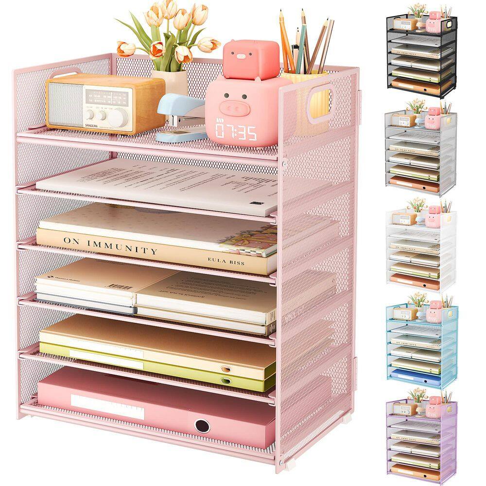 12.6 in x 13.5 in Pink 6 Tier Paper Organizer for Desk with Handle ...
