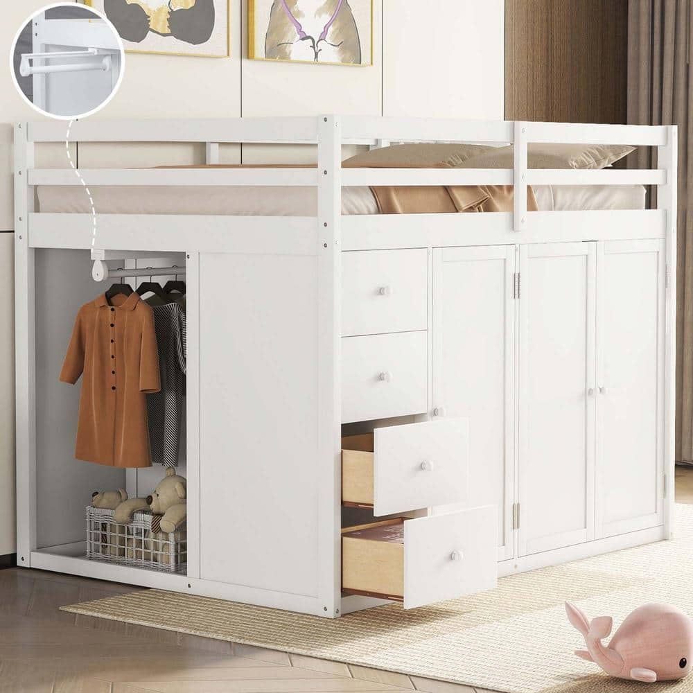 Polibi Full Size Wood Loft Bed With Built-in Wardrobes, Cabinets and Drawers, White RS-24394AAKF ...