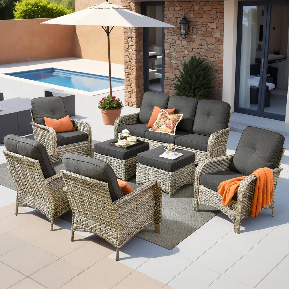 Toject Beverly Gray 7-Piece Wicker Outdoor Patio Conversation Sofa Seating Set with Ottomans and ...