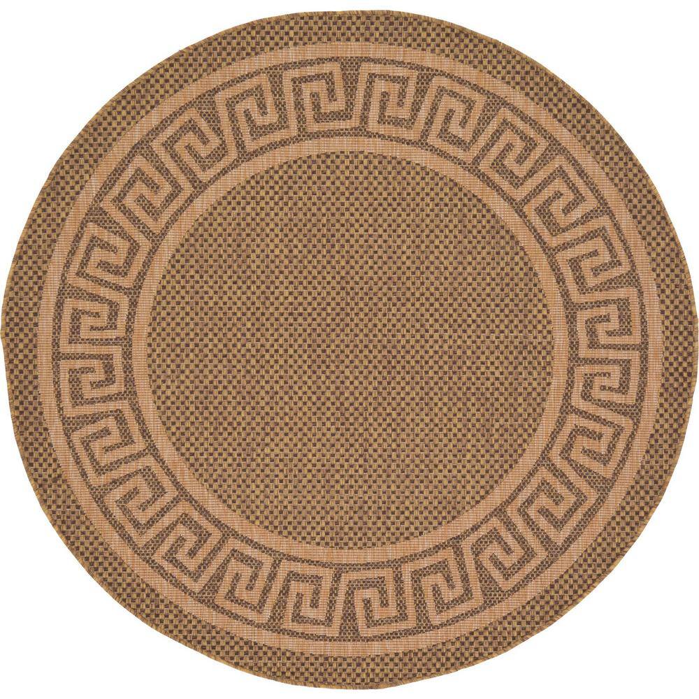 Unique Loom Outdoor Greek Key Brown 6' 0 x 6' 0 Round Rug 3127226 - The ...