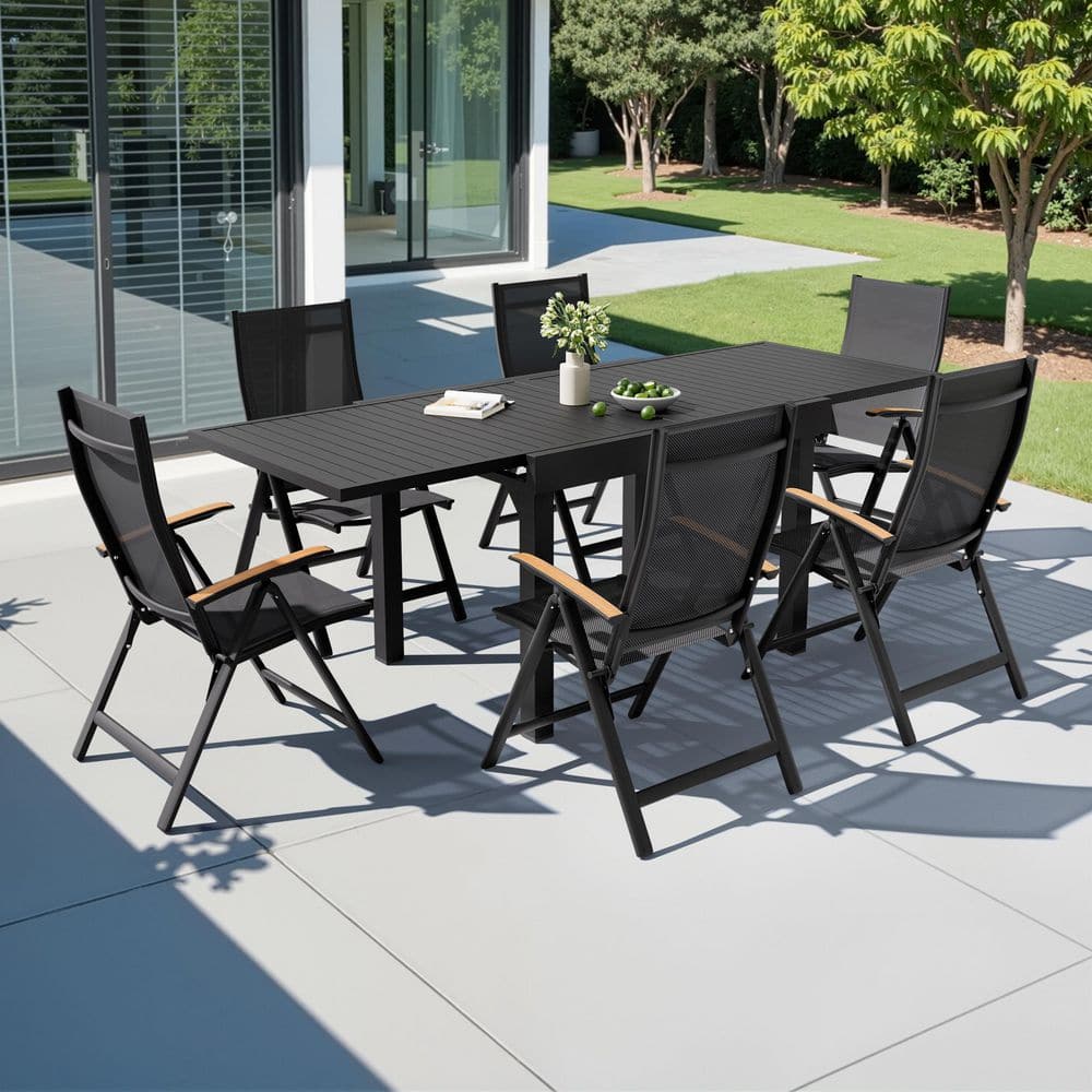 CLOUDFLY 7-Piece Expandable Black Aluminum Outdoor Dining Set 82. 68 in ...