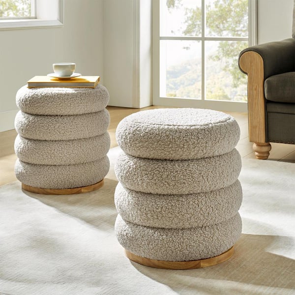 JAYDEN CREATION Anibal Tan Polyester Sherpa Round Swivel Ottoman with ...