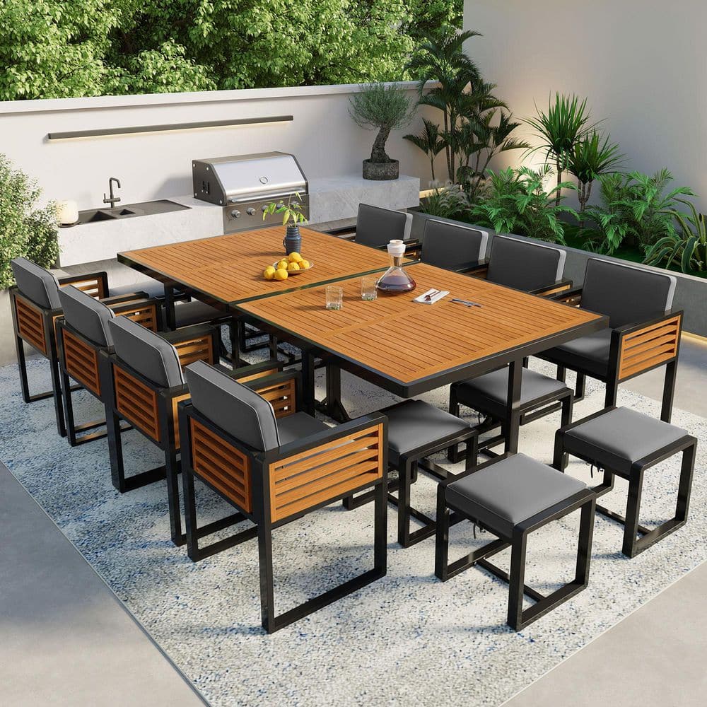 METEOR SHOWER LLC Brown 18-Piece Wood Outdoor Dining Set with 8 Gray Cushions Chairs, 8 Ottomans ...