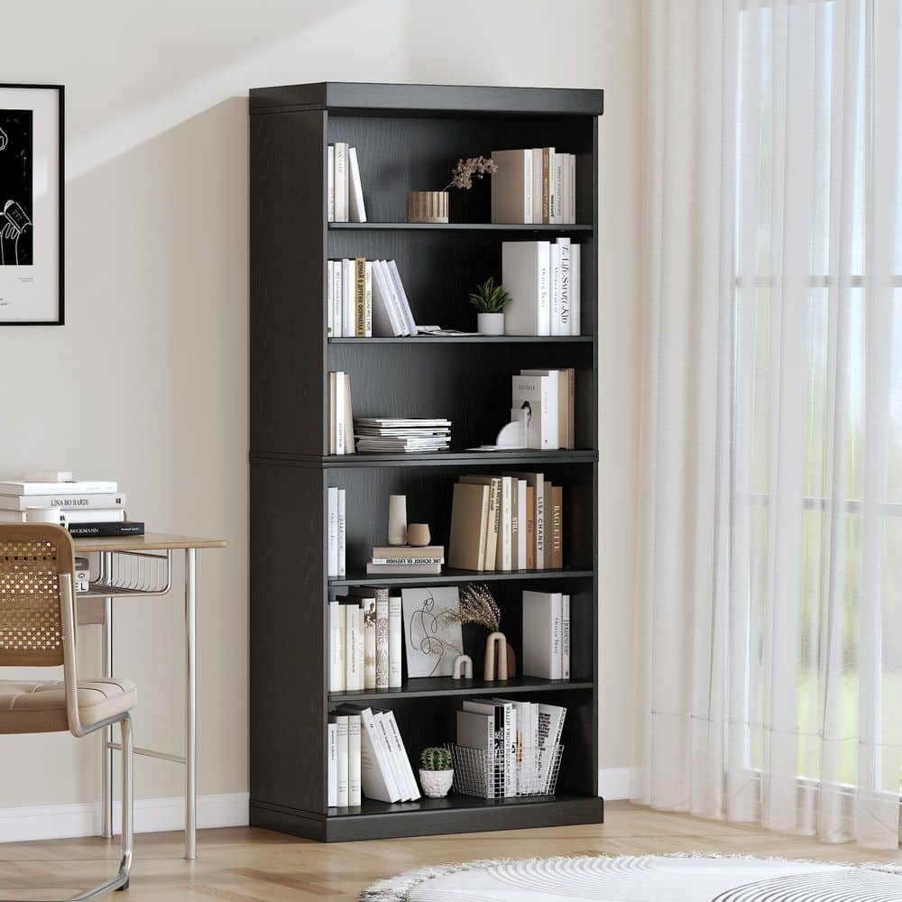 Dovelina 72 in. Tall Black Wood 6-shelf Standard Bookcase with ...