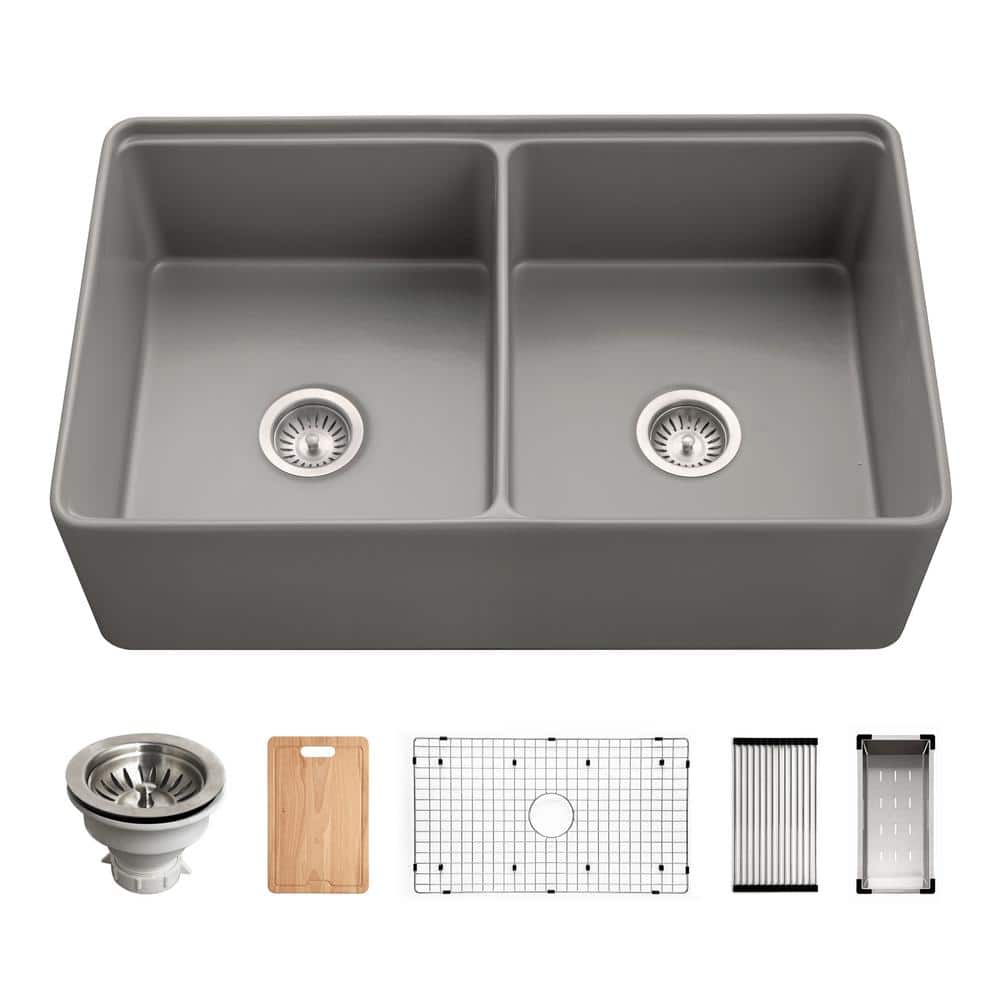 HOUZER Aspire 33 in. Matte Gray Fireclay Farmhouse Apron Front 50/50 ...
