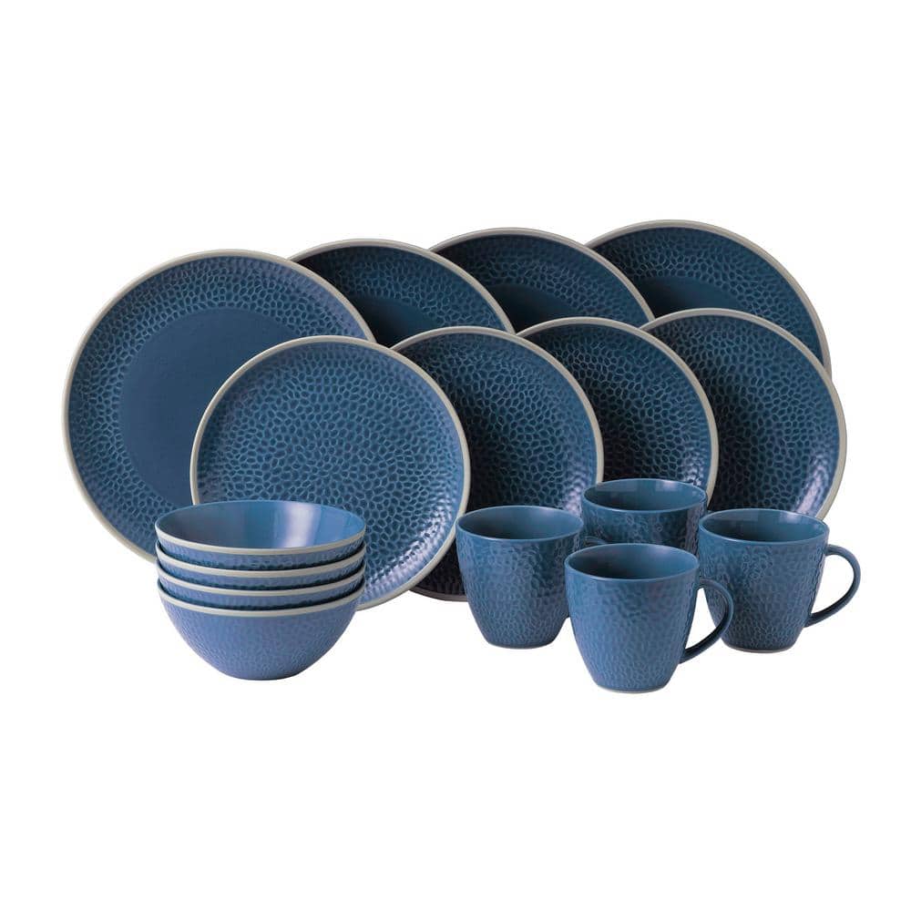 Maze Grill 16-Piece Hammered Blue Stoneware Dinnerware Set (Service for ...