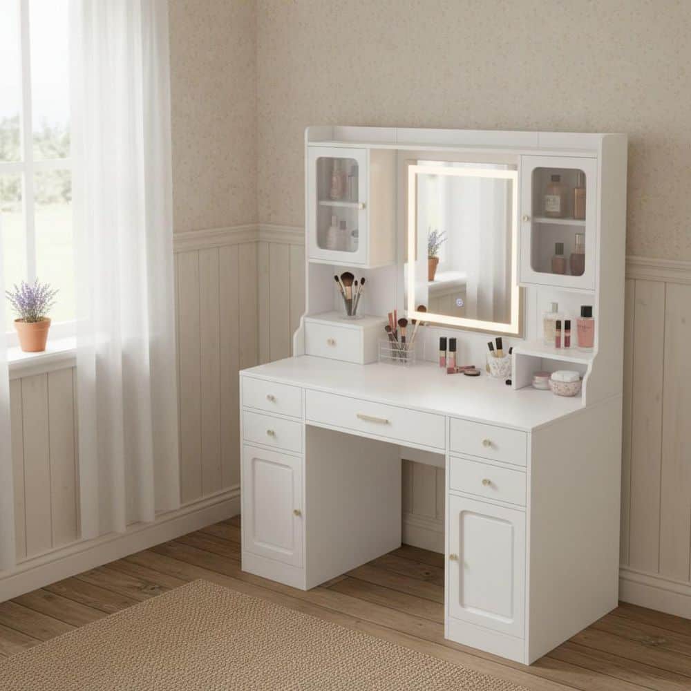Homy Casa DPCH 6-Drawers Snow White Makeup Vanity Table Dressing Table with Extra Large Mirror ...