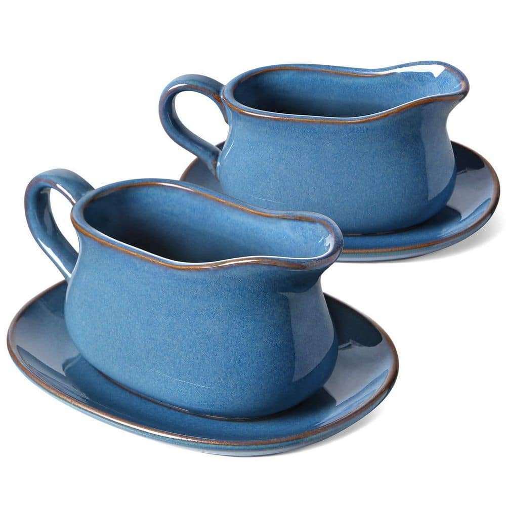 Wudkey 16 oz. Blue Ceramic Sauce Gravy Boat Set of 2 with Tray for ...