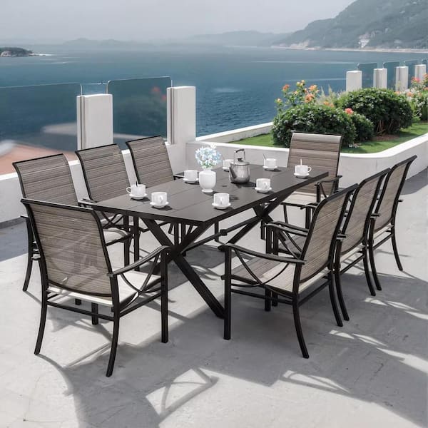 Halmuz 9-Piece Metal Patio Outdoor Dining Set with 8 Fixed Chairs ...
