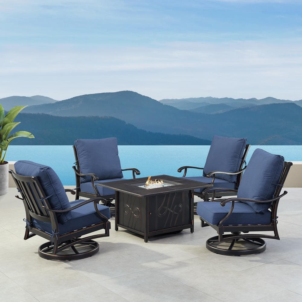 Oakland Living Black 5-Piece Aluminum Patio Fire Table Set with Blue ...
