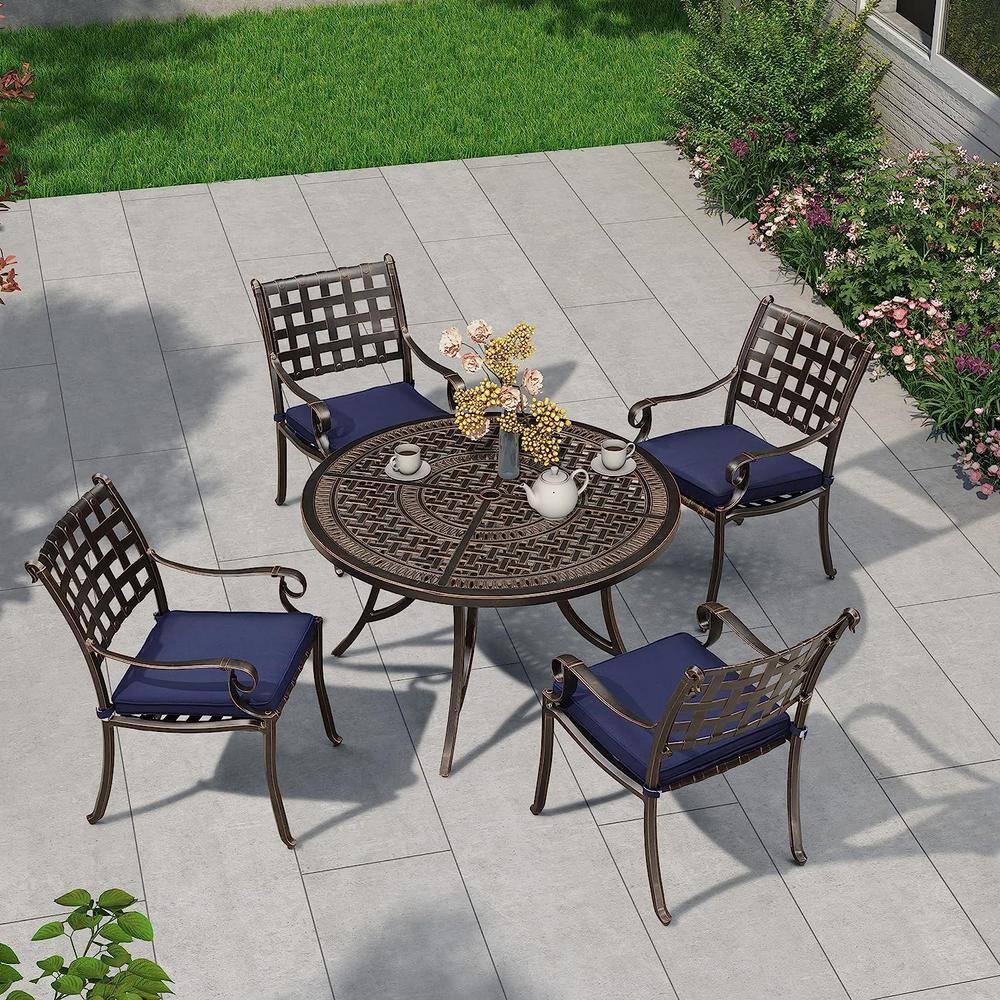 PURPLE LEAF Navy Blue 5-Piece Aluminum 4 Armchairs and 47 in. Round ...