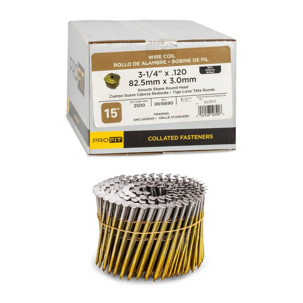 PRO-FIT 3-1/4 in. x 0.120 15° Bright Finish Smooth Shank Wire Coil ...