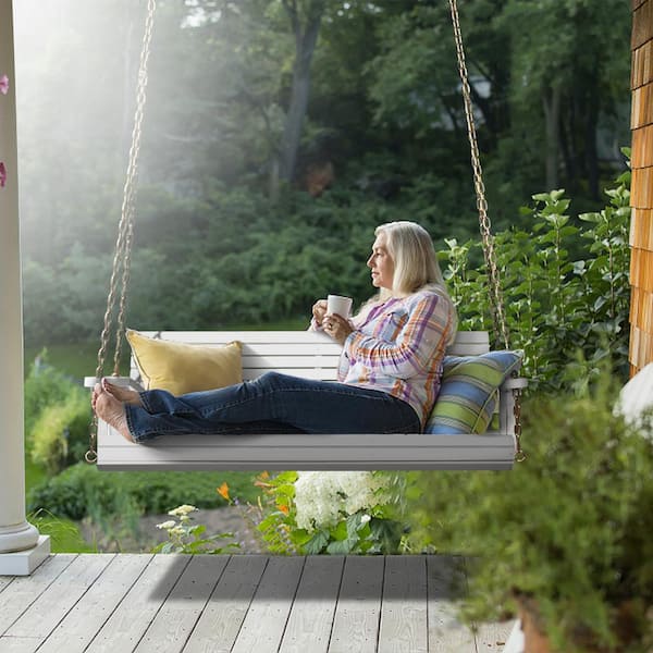 4 ft. 2 Person White Wood Porch Swing with Adjustable Chains and Treated PU Painted Surface Support Up to 880 lbs
