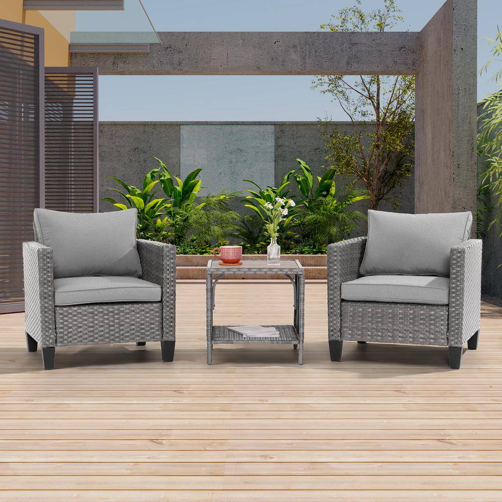 JOYESERY 3-Piece Gray Wicker Patio Bistro Set Outdoor Single Sofa Set ...