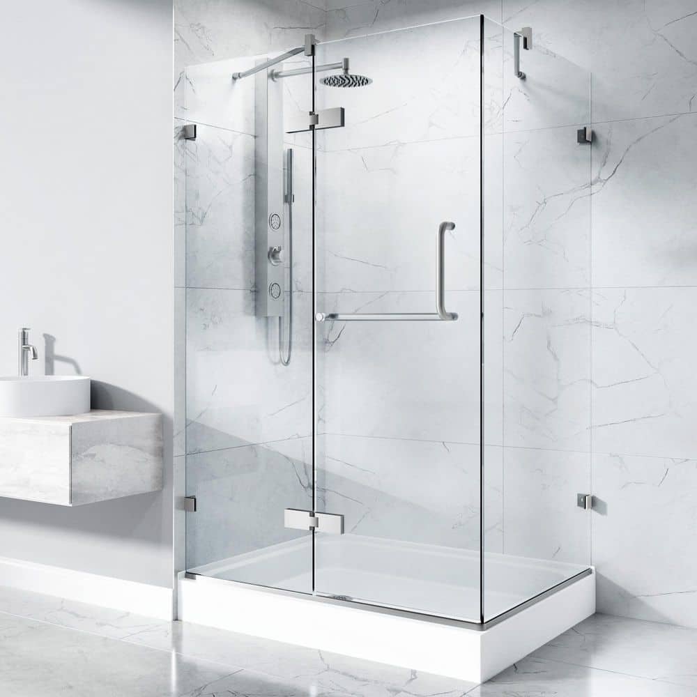 VIGO Monteray 36 in. L x 48 in. W x 79 in. H Frameless Pivot Shower Enclosure Kit in Brushed ...