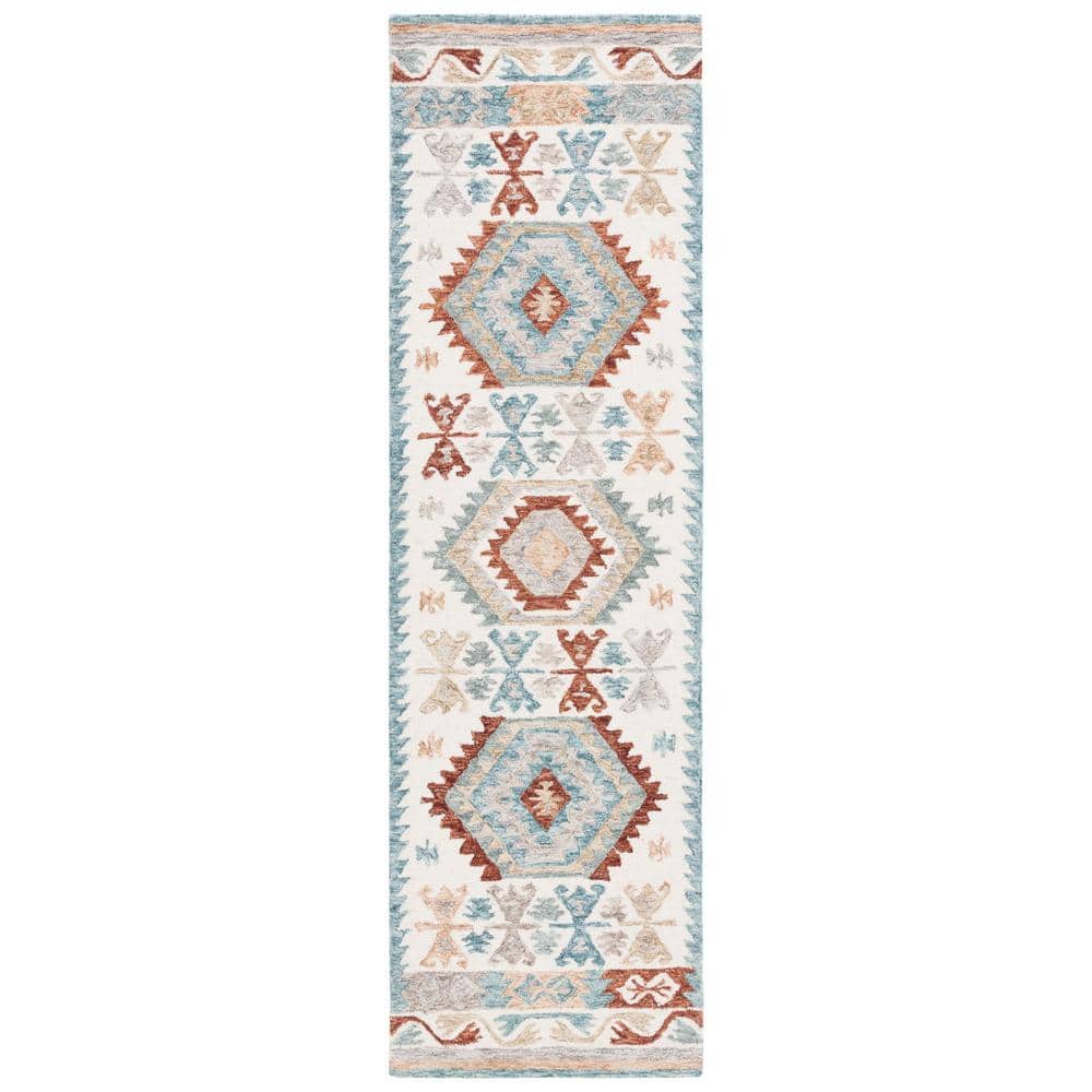 SAFAVIEH Micro-Loop Ivory/Blue 2 ft. x 8 ft. Native American Runner Rug ...