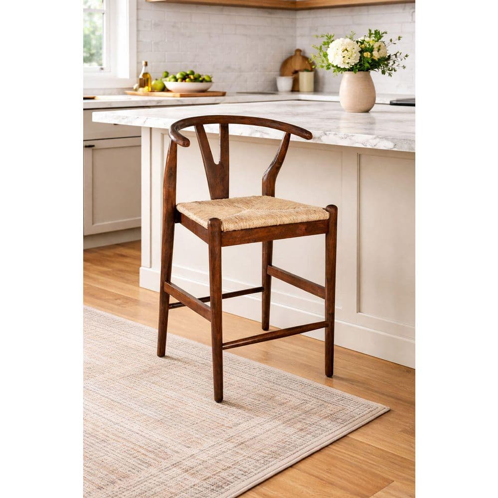 Boraam Wishbone 24in. High Back Wood Kitchen Bar Stool with Rush Seat ...