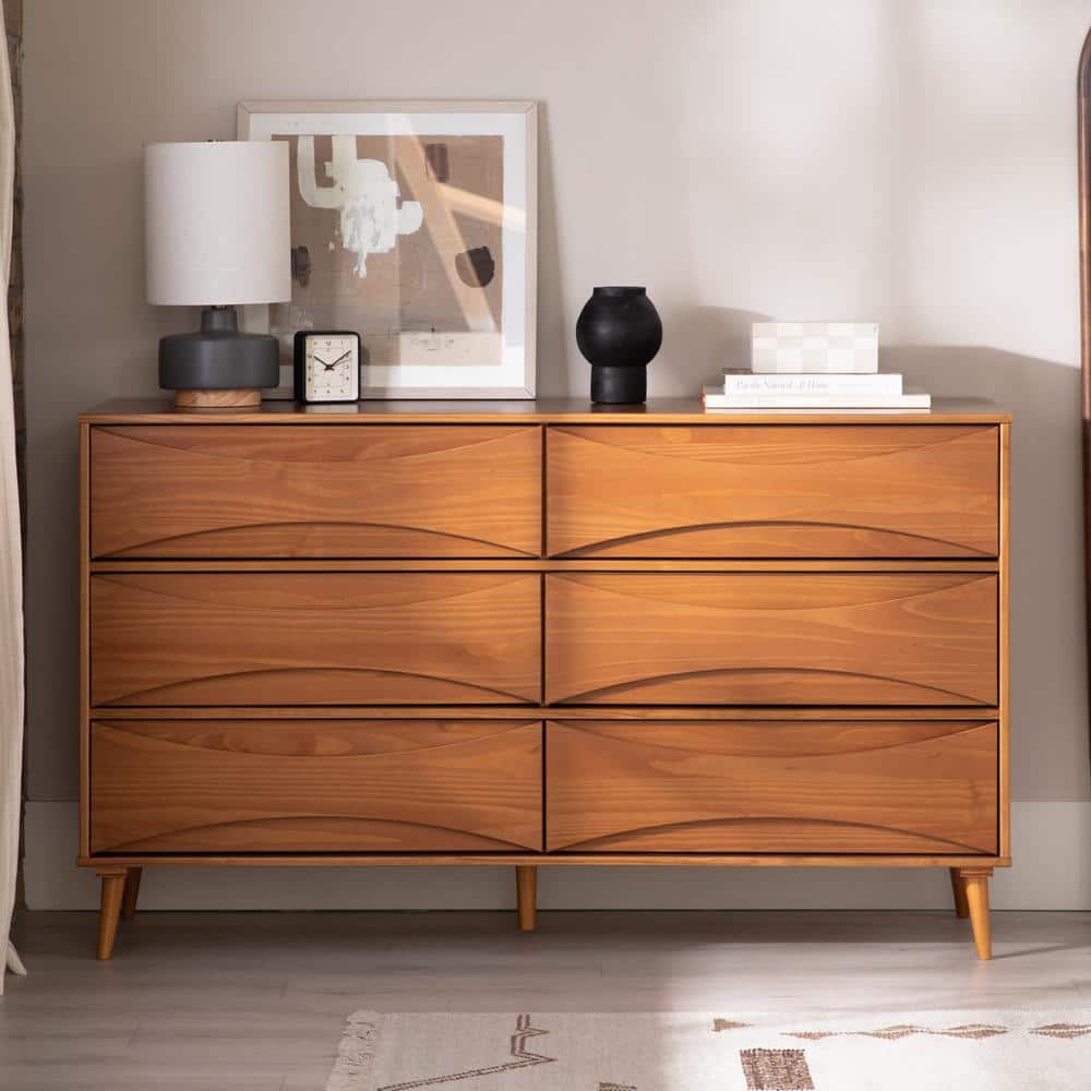 Welwick Designs Mid Century Modern Caramel 6 Drawer 58.5 in. Dresser with Curved Detailing HD10001 The Home Depot