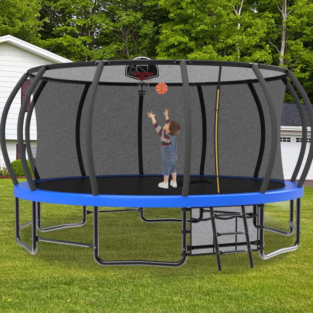 SUNRINX 15 ft. Blue Round Outdoor Trampoline with Safety Enclosure and ...