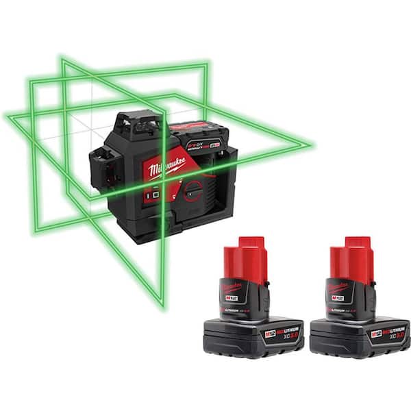 Milwaukee M12 12 Volt Lithium Ion Cordless Green 250 ft. 3 Plane Laser Level Kit with 3 Batteries Charger and Case 3632 21 48 11 2412 The Home Depot
