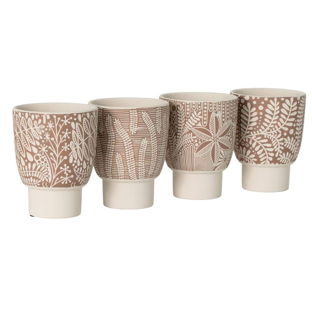 SULLIVANS 7 in. Brown Botanical Patterned Clay Pot Set of 4 CMT1304 ...