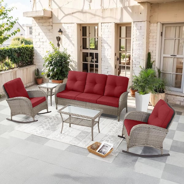 moosprr SleekArm 5-Piece Gray Wicker Patio Conversation Set with Olefin ...