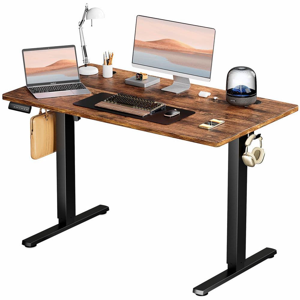 Bestier 48 in. Rectangular Brown Wood Electric Standing Desk with Hooks ...