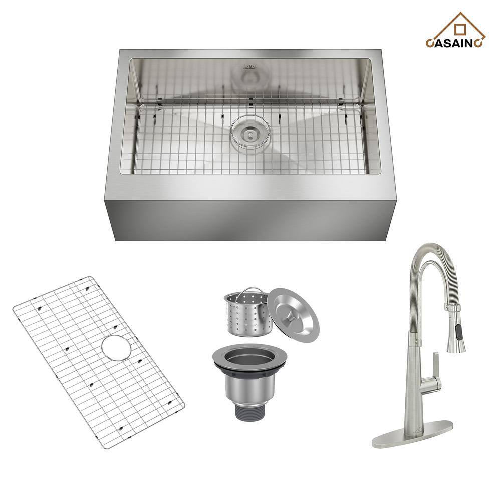 CASAINC All-in-One Farmhouse Apron-Front Stainless Steel 33 in. Single ...