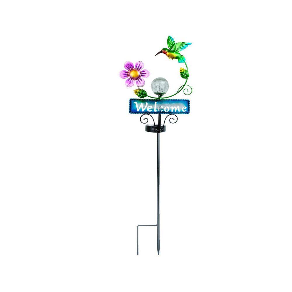 9 in. x 32 in. Black Glass Outdoor Solar Garden Stake with Welcome Sign ...